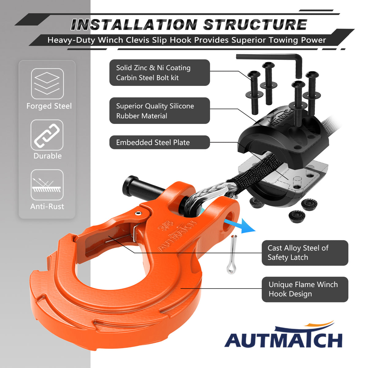 AUTMATCH Winch Hook Safety Latch 3/8" - Grade 70 Forged Steel Clevis S ...