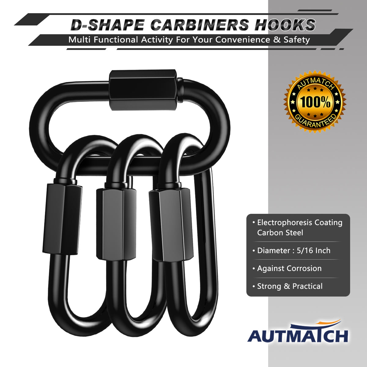 AUTMATCH Chain Quick Links, 3" Locking Carabiner Clips Spring Snap Hoo ...